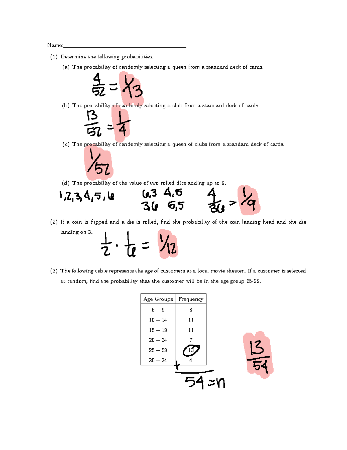 5.1 Probability b0d29caee248de9a89dc3aa39454 c7e4 - Name: (1) Determine ...