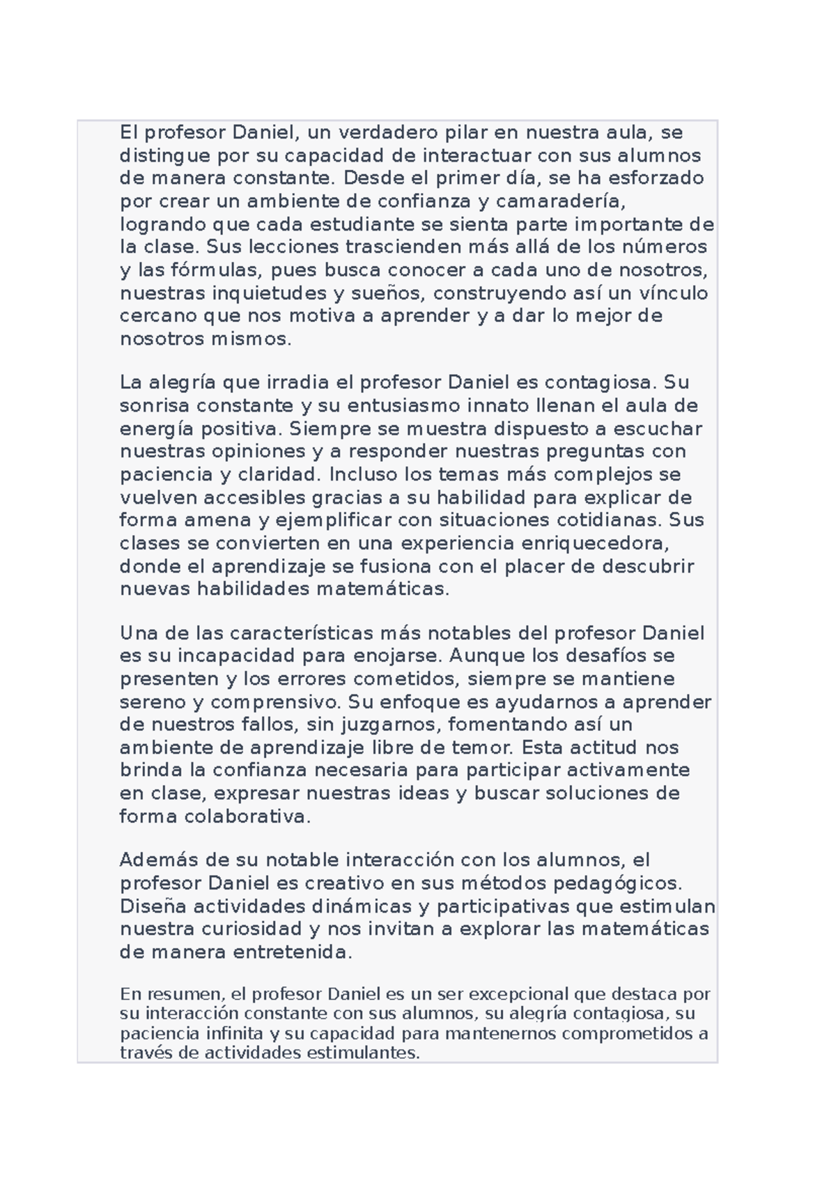 Composicion literaria - El profesor Daniel, un verdadero pilar en ...