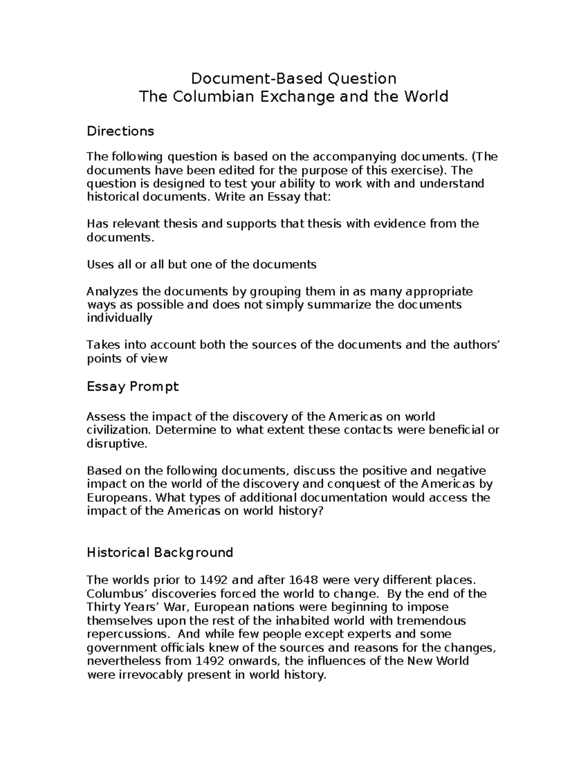 Columbian Exchange DBQ - Document-Based Question The Columbian Exchange ...