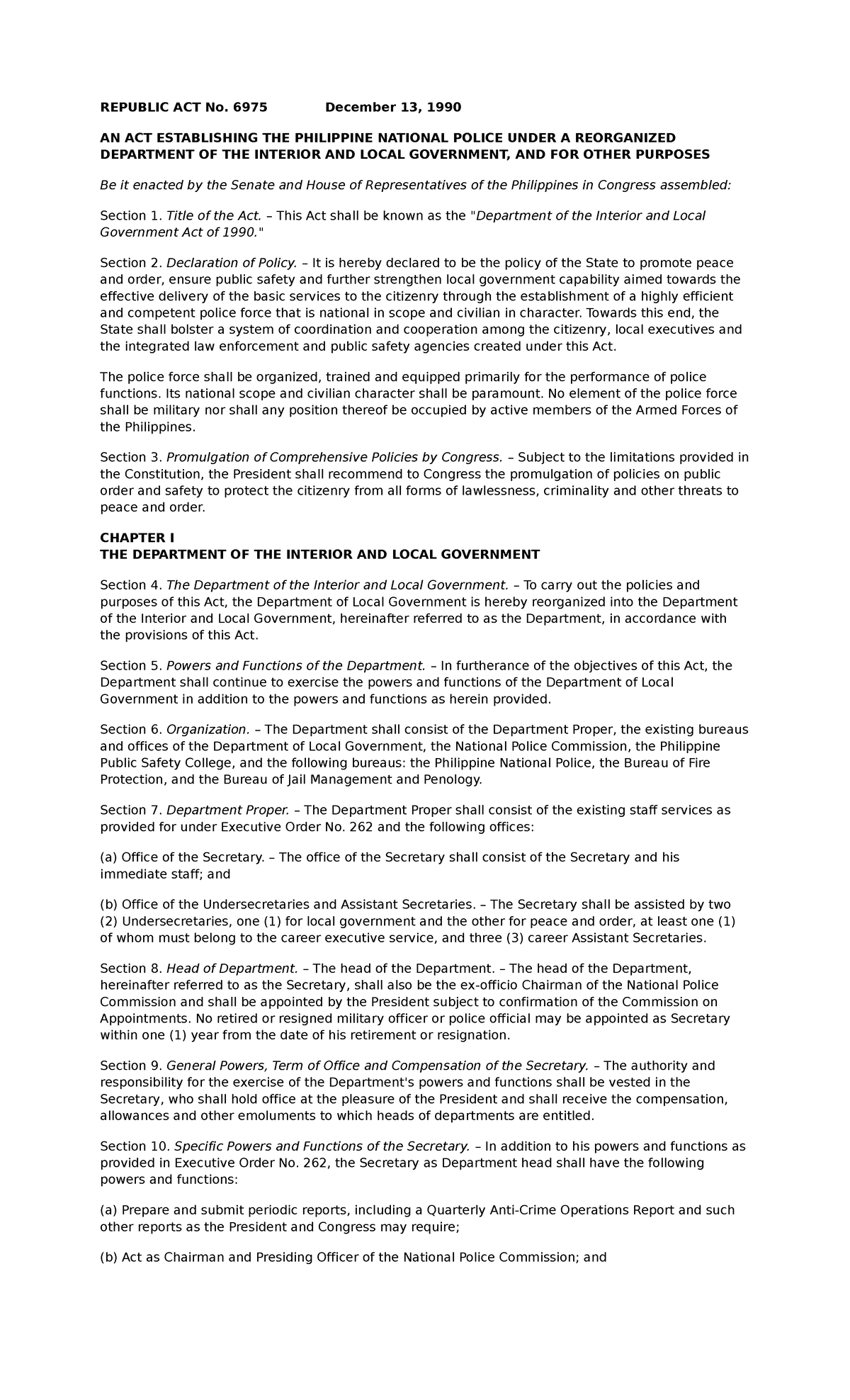 Republic ACTs - REPUBLIC ACT No. 6975 December 13, 1990 AN ACT ...