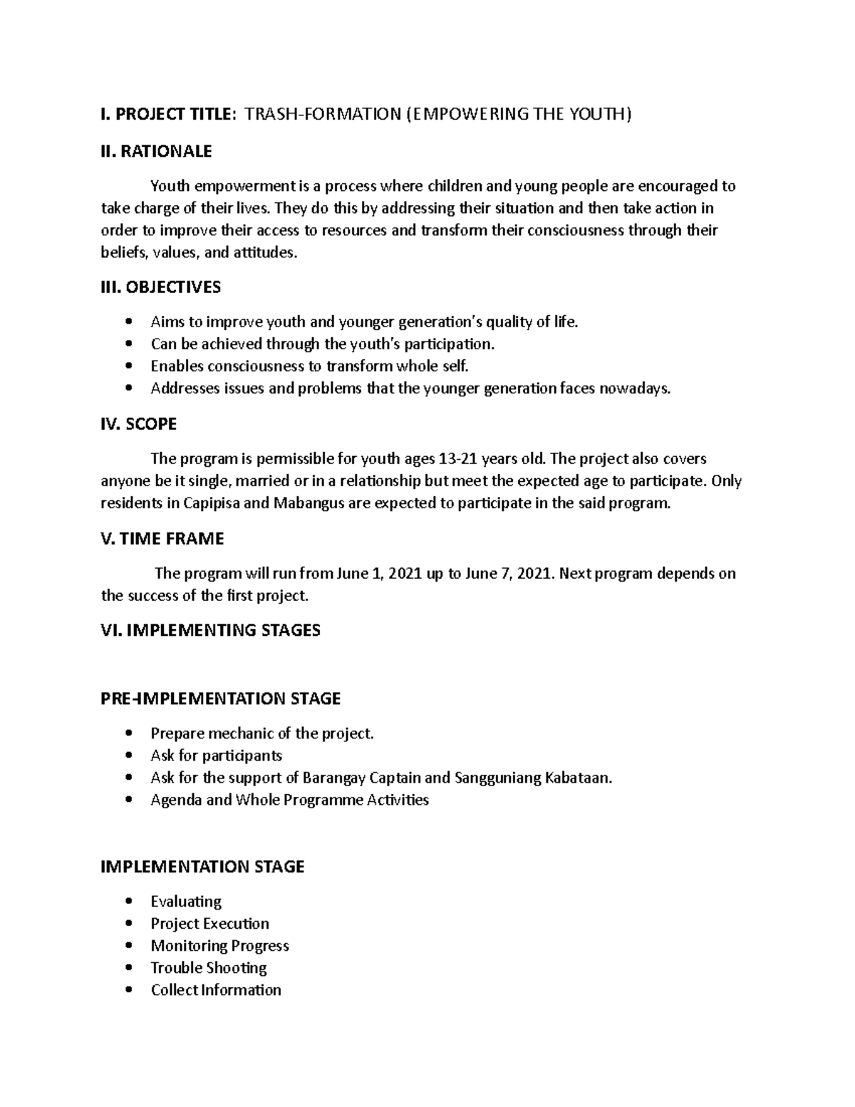 Project proposal - SDD - I. PROJECT TITLE: (EMPOWERING THE YOUTH) II ...