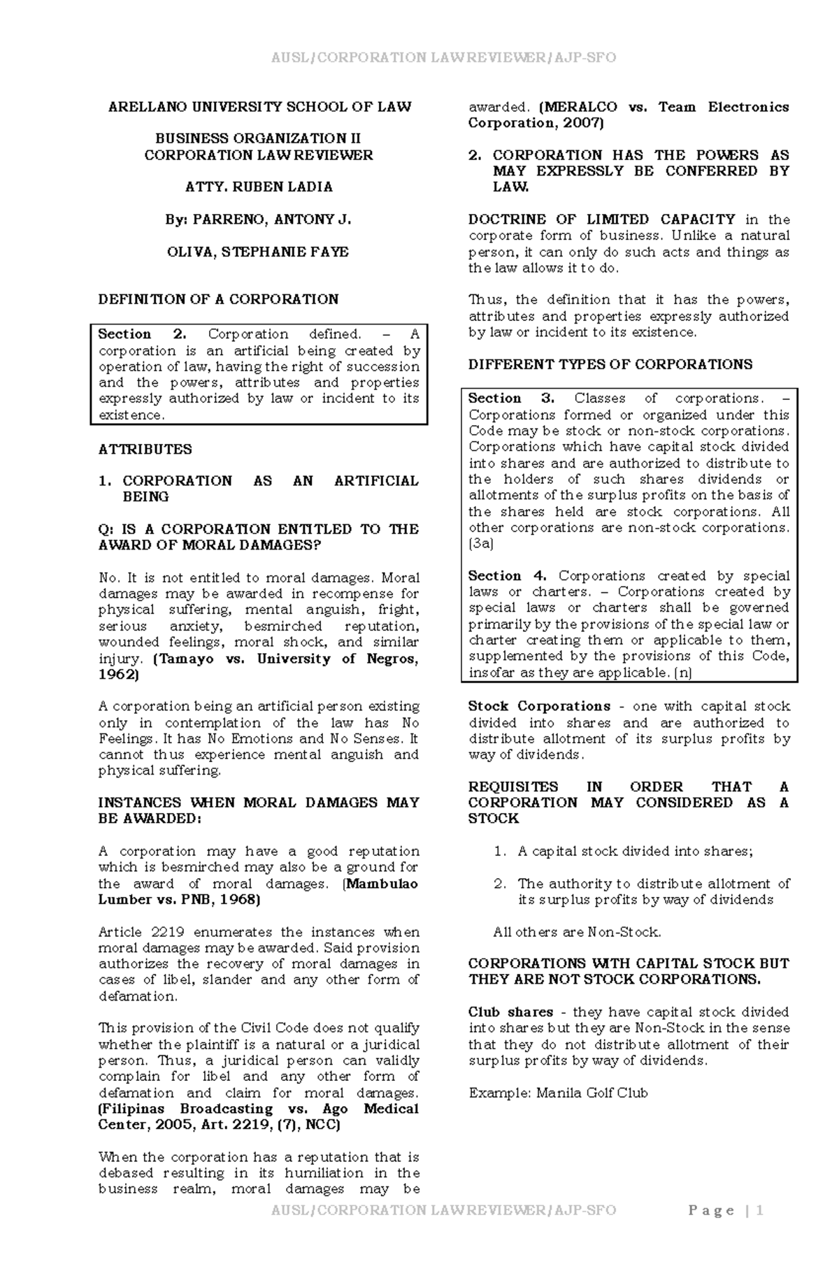 Reviewer - ARELLANO UNIVERSITY SCHOOL OF LAW BUSINESS ORGANIZATION II ...