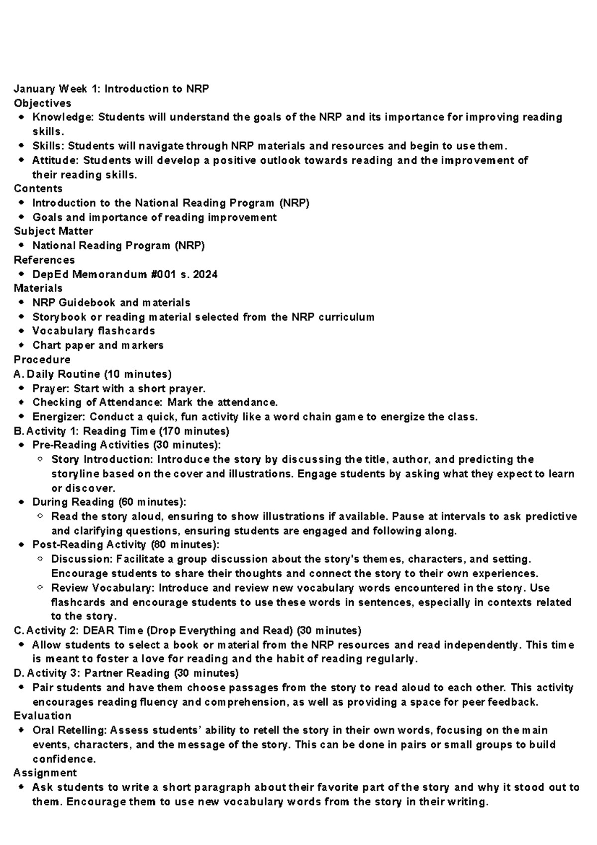 G8 Cuflp@ NRP - lesson plan - January Week 1: Introduction to NRP ...