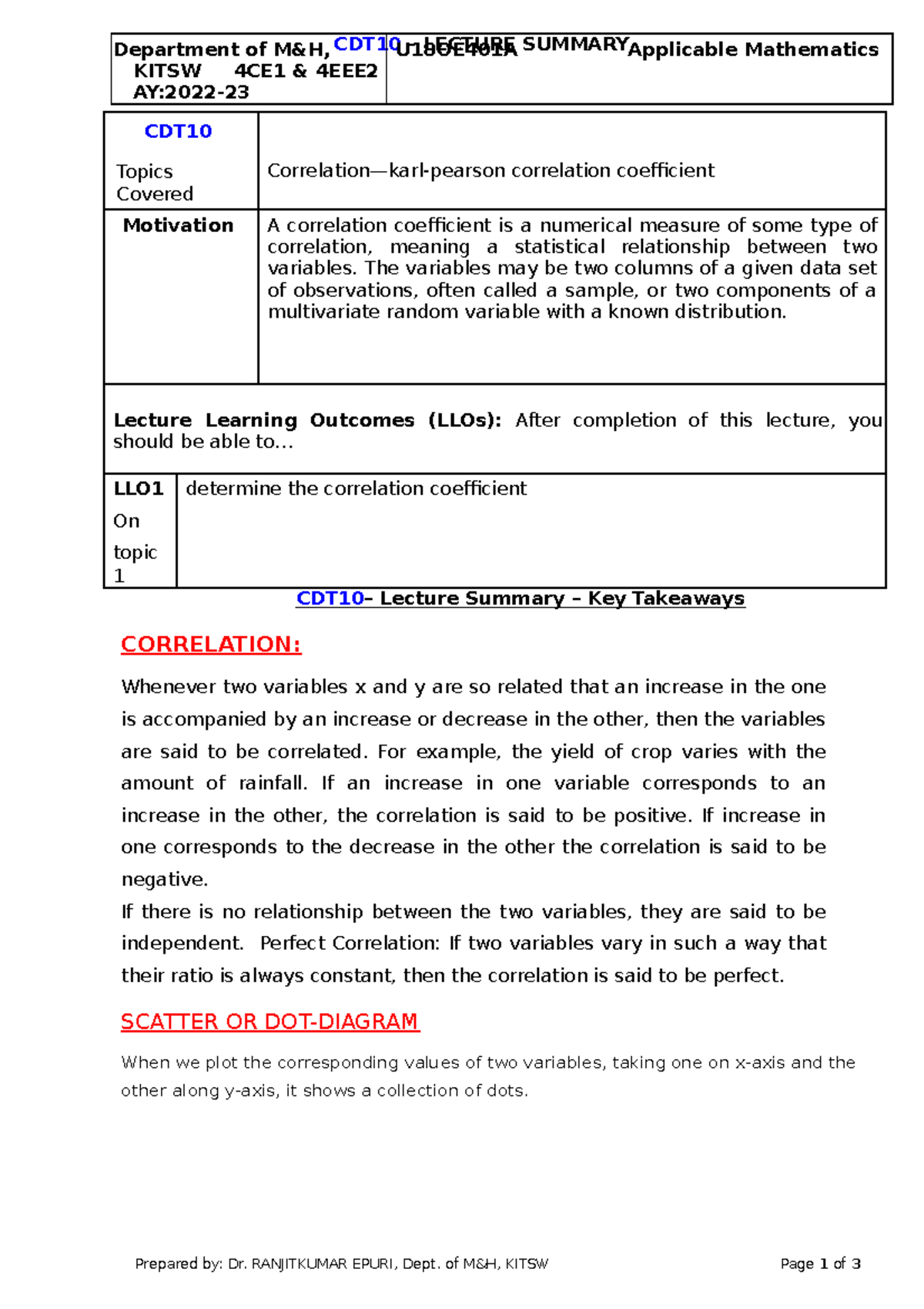 CDT-10Correlation - Chchc - CDT10 - LECTURE SUMMARY CDT Topics Covered Correlation—karl-pearson ...