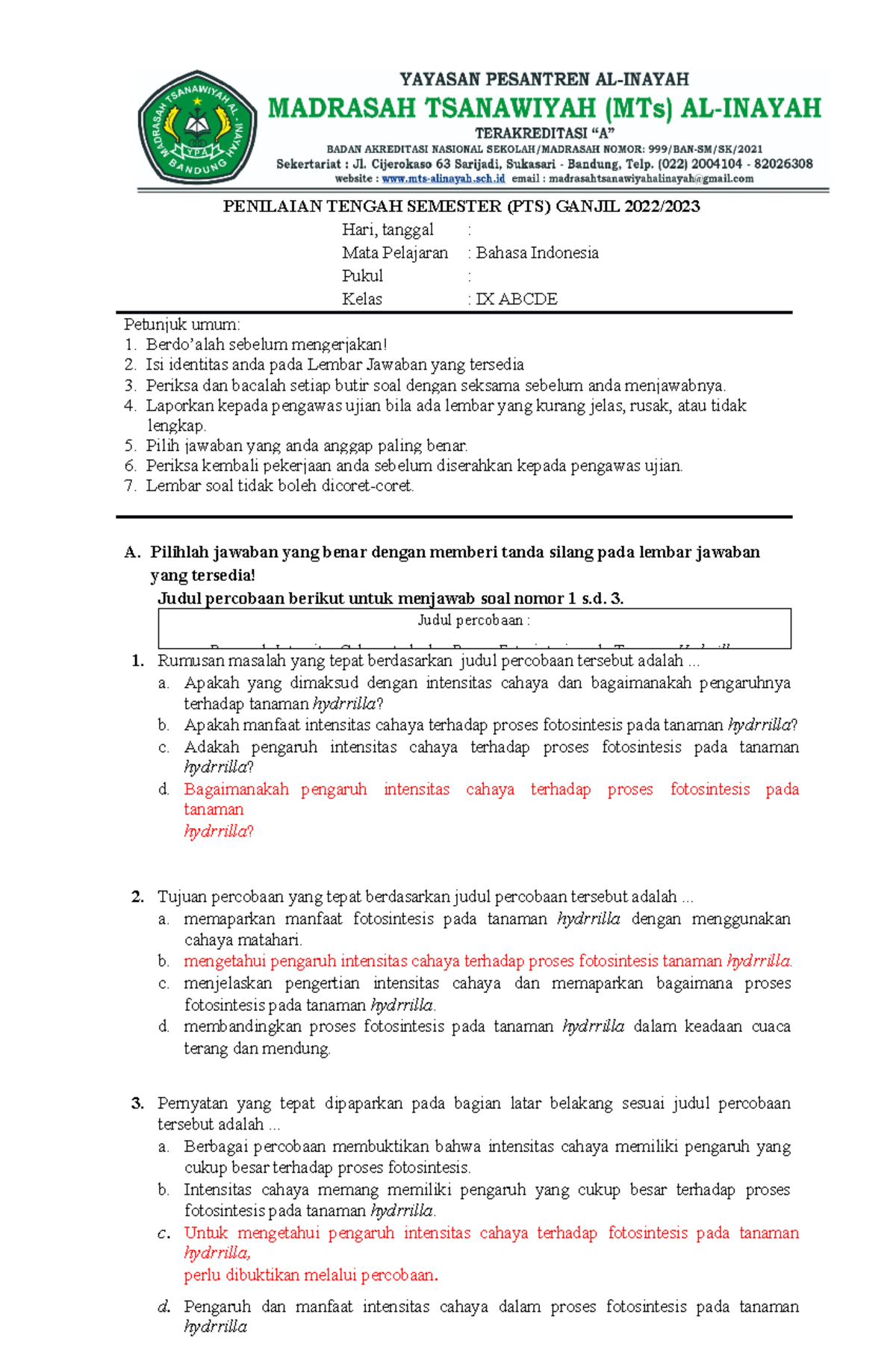 SOAL PTS Bahasa Indonesia Kelas IX Ganjil 2223 - PENILAIAN TENGAH SEMESTER (PTS) GANJIL 2022 ...