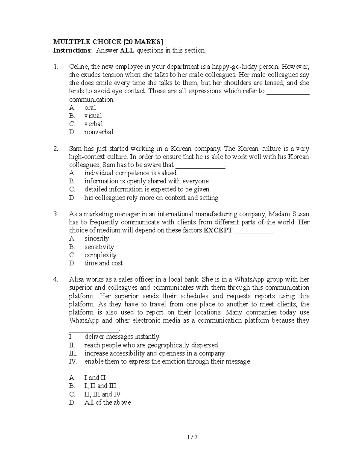 MCQ Revision Set 2 with Answer- MULTIPLE CHOICE [20 MARKS] Instructions ...