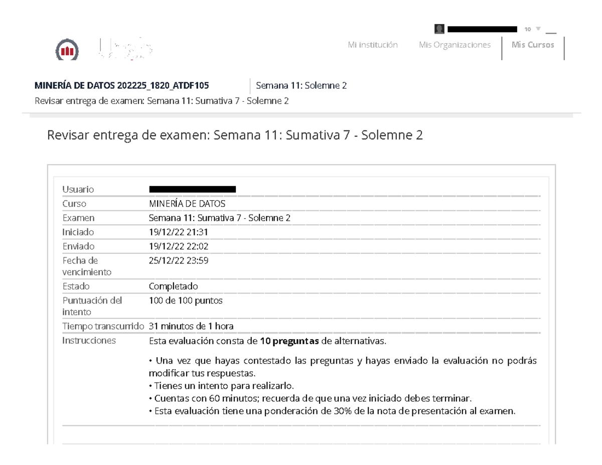 Revisar entrega de examen Semana 11 Sumativa 7 - Solemne 2 &.. - MINERÍA DE DATOS - Studocu
