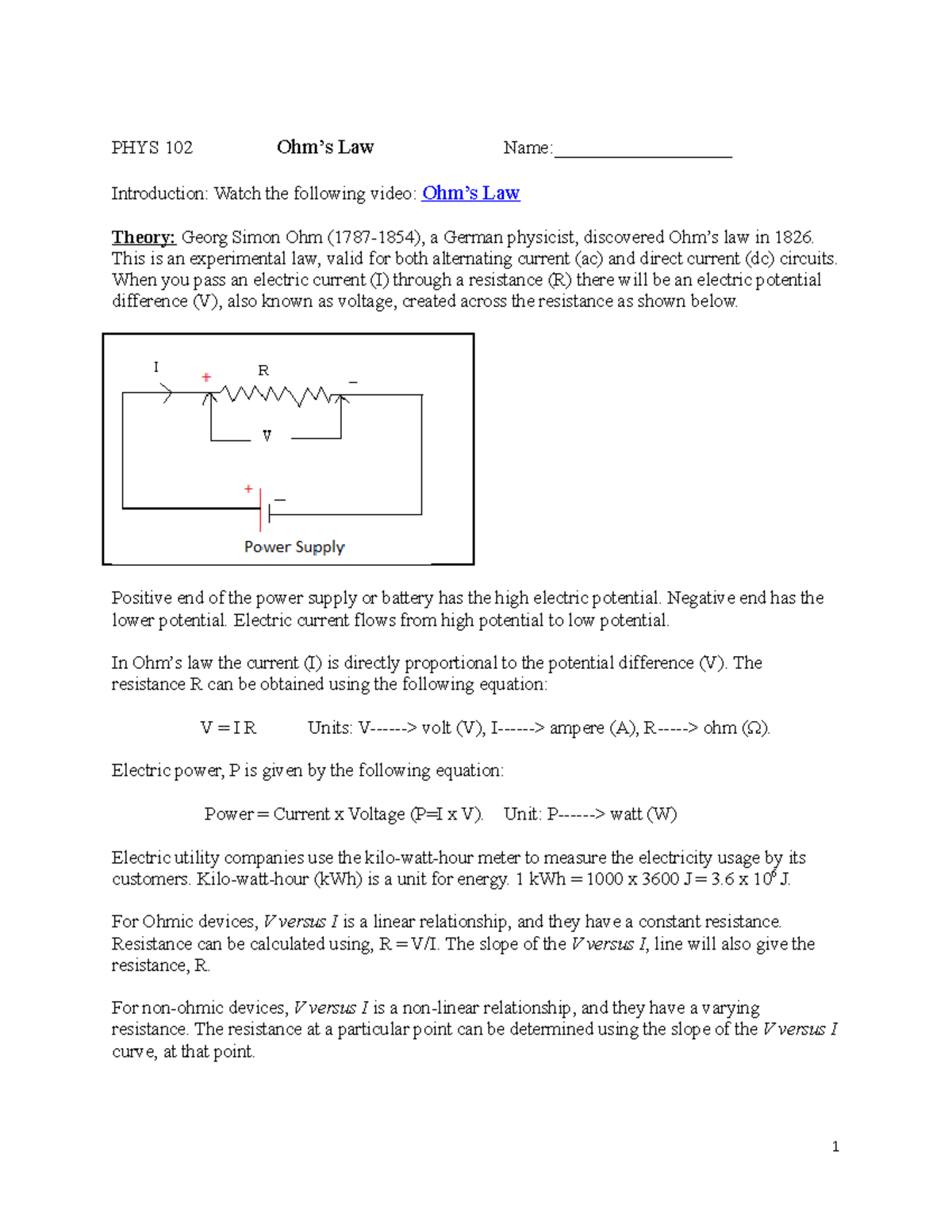 PHYS 102 Ohms Law - physics assignment and answer for phys102 - PHYS ...