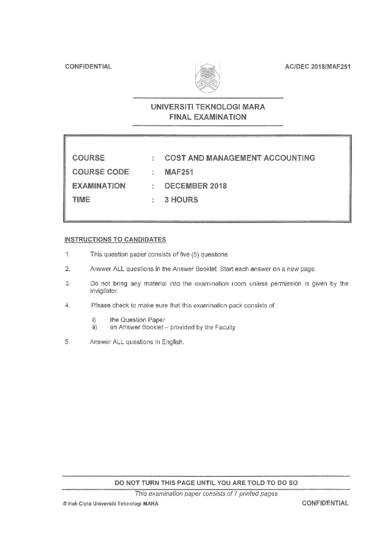 MAF251 - maf - Management Accounting - Studocu