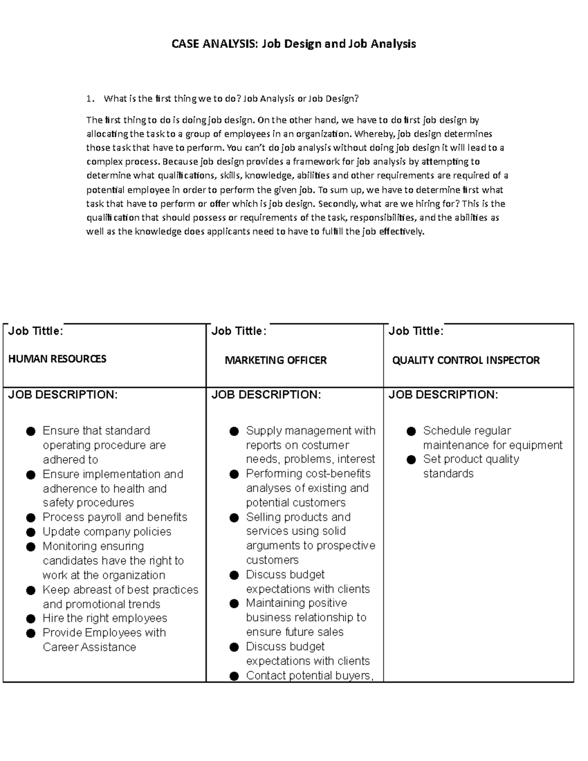 Case Analysis - Job Design and Job Analysis - Human Resource Management ...
