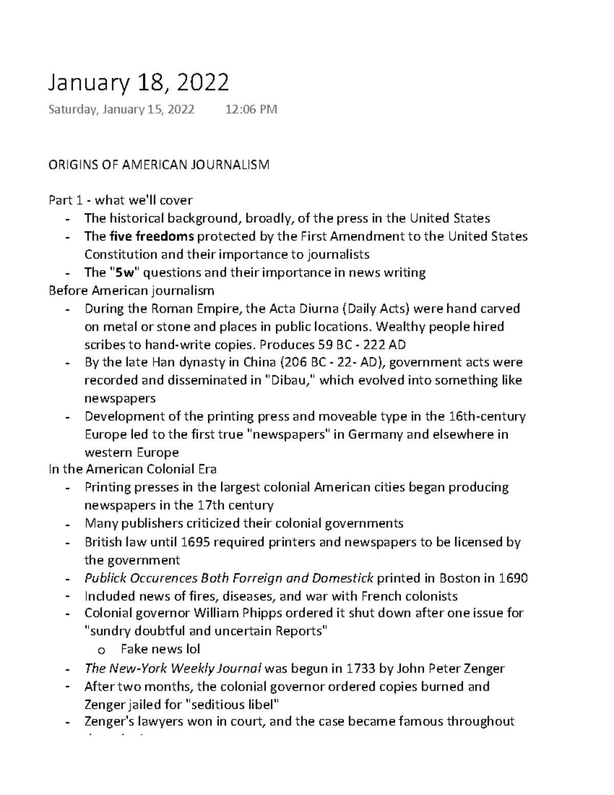 COM315 - Origins of American Journalism - January 18, 2022 Saturday ...