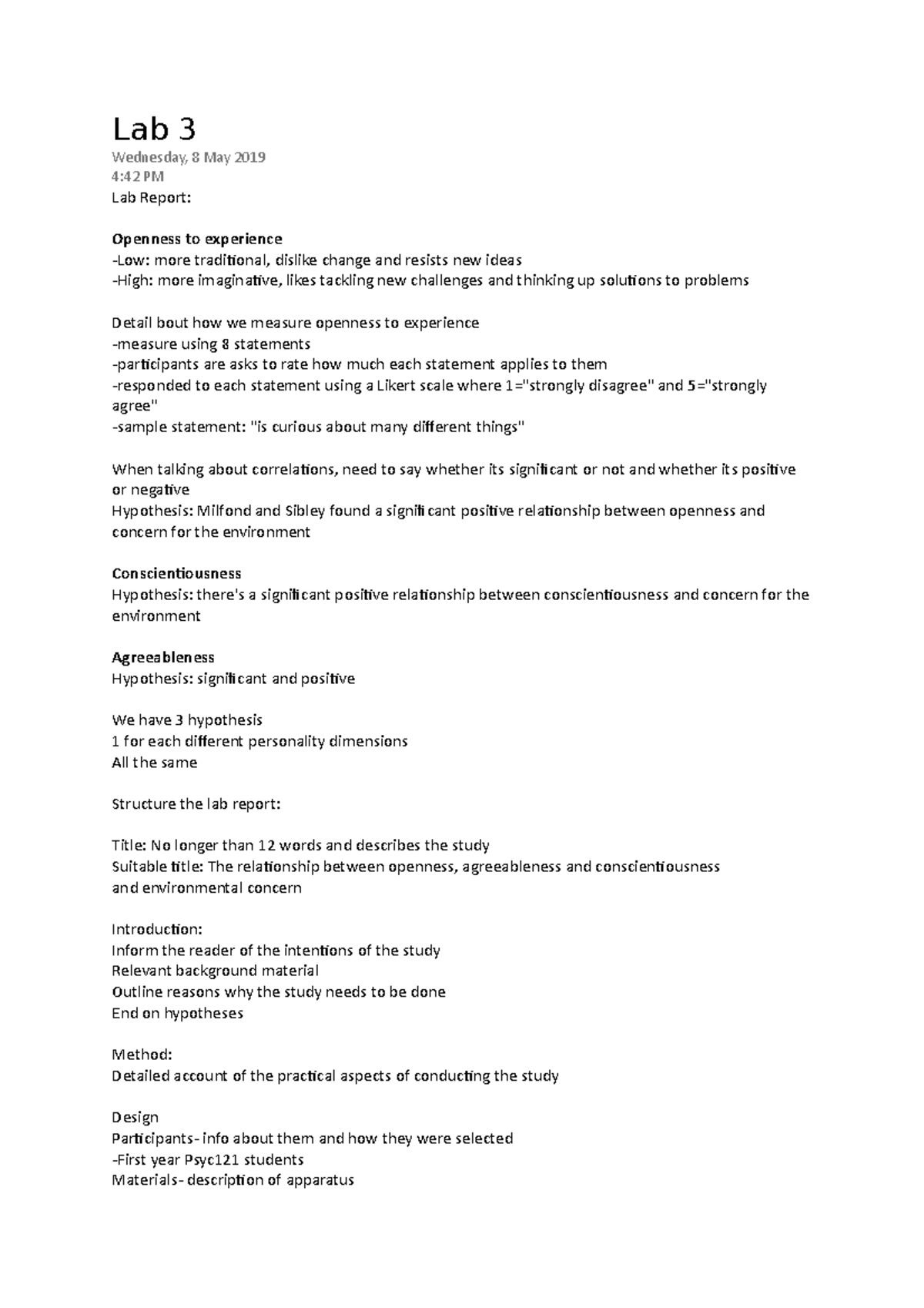 Lab 3 - week 2 psyc tutorial work - Lab 3 Wednesday, 8 May 2019 4:42 PM ...