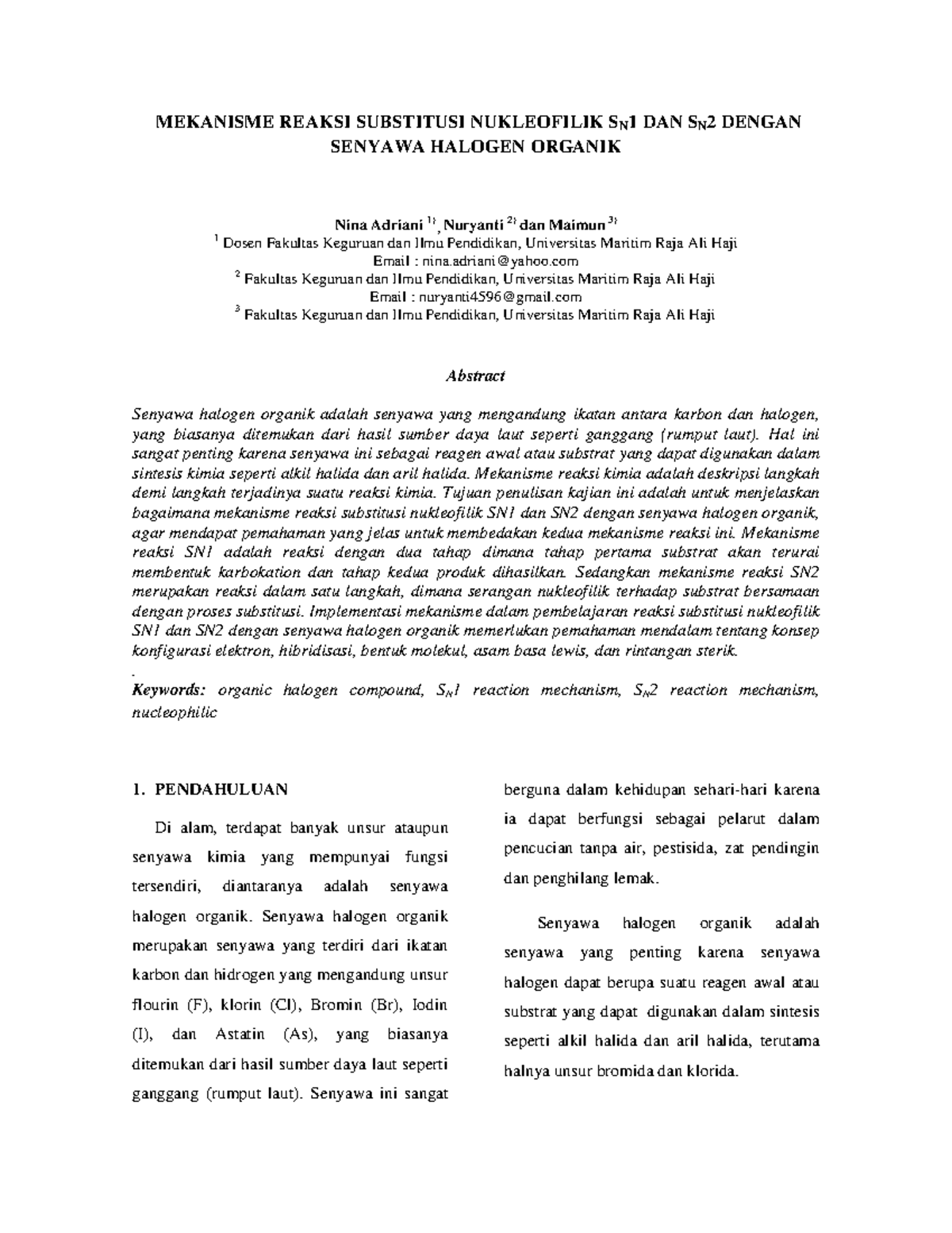 Ninaadriani - MEKANISME REAKSI SUBSTITUSI NUKLEOFILIK SN1 DAN SN2 ...