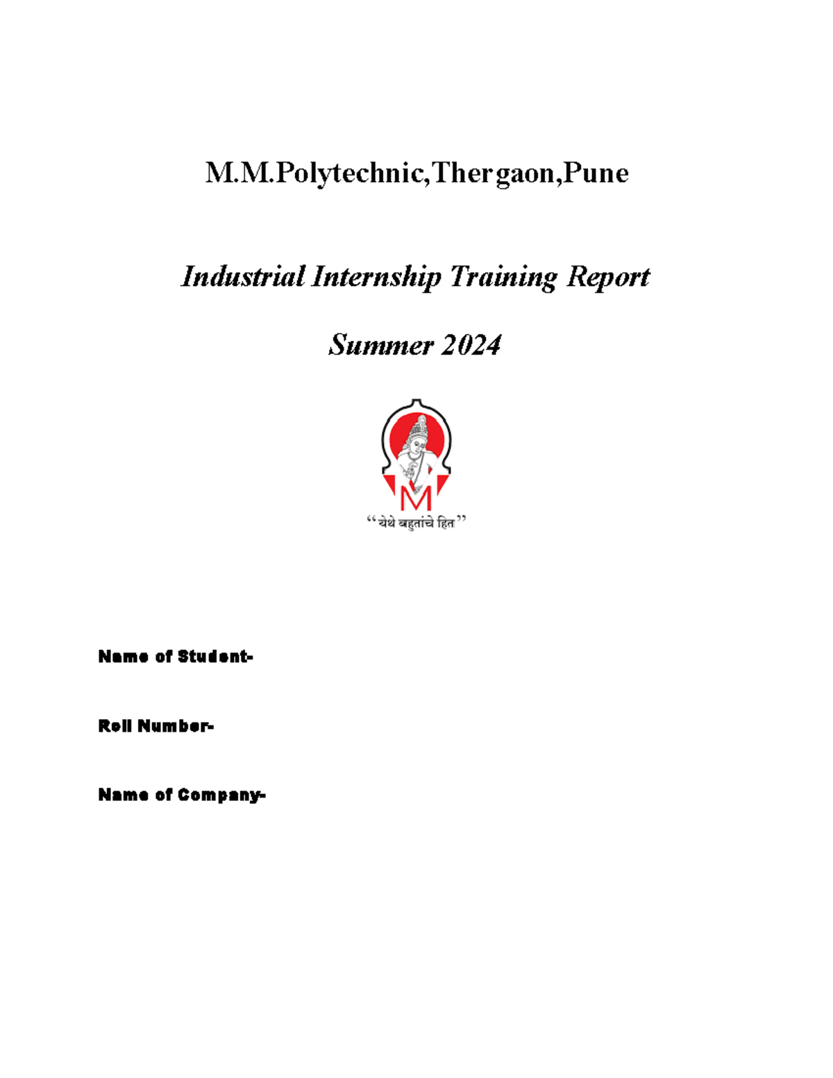 report on internship of itr training - M.M,Thergaon,Pune Industrial ...