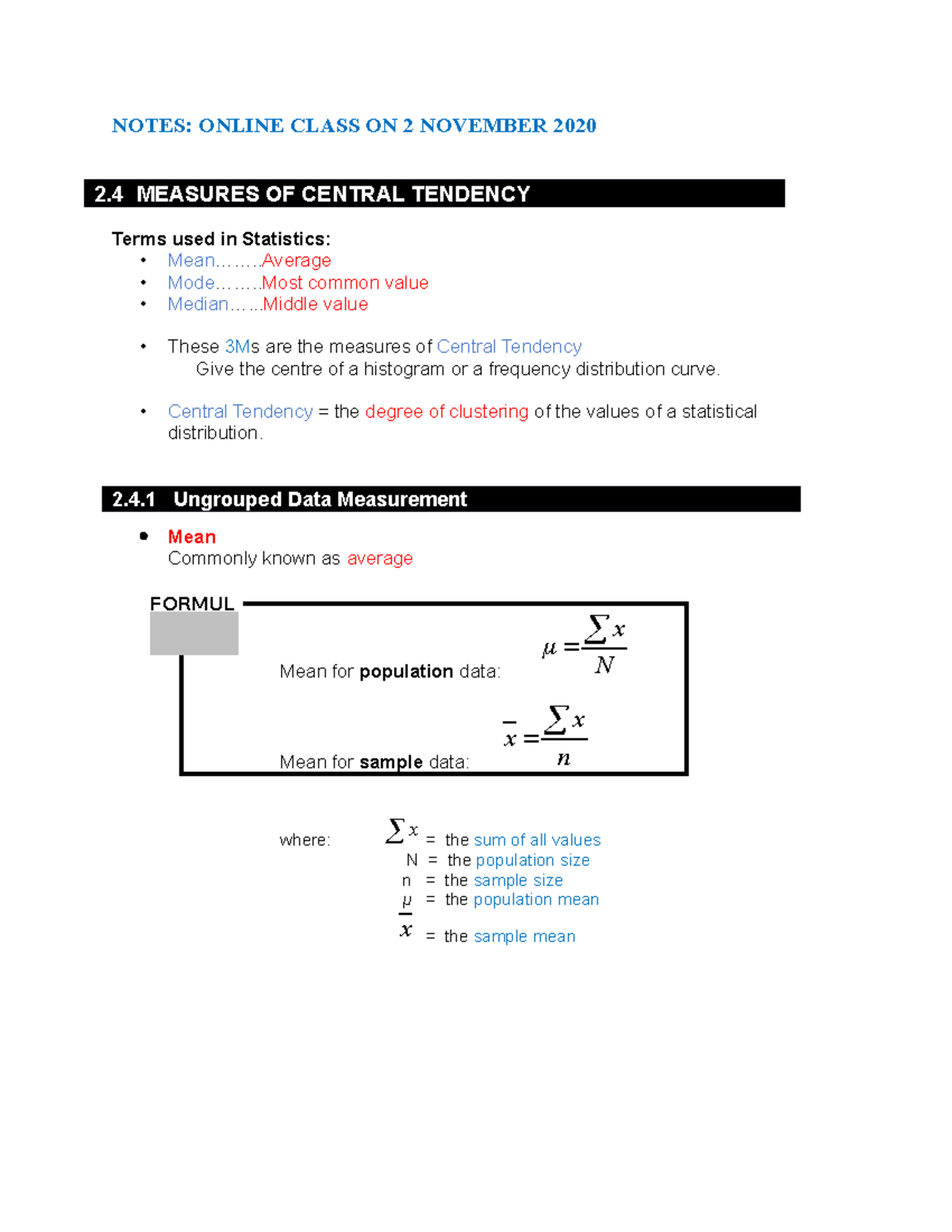 C2 W4 - Central Tendency - FORMUL A NOTES: ONLINE CLASS ON 2 NOVEMBER ...