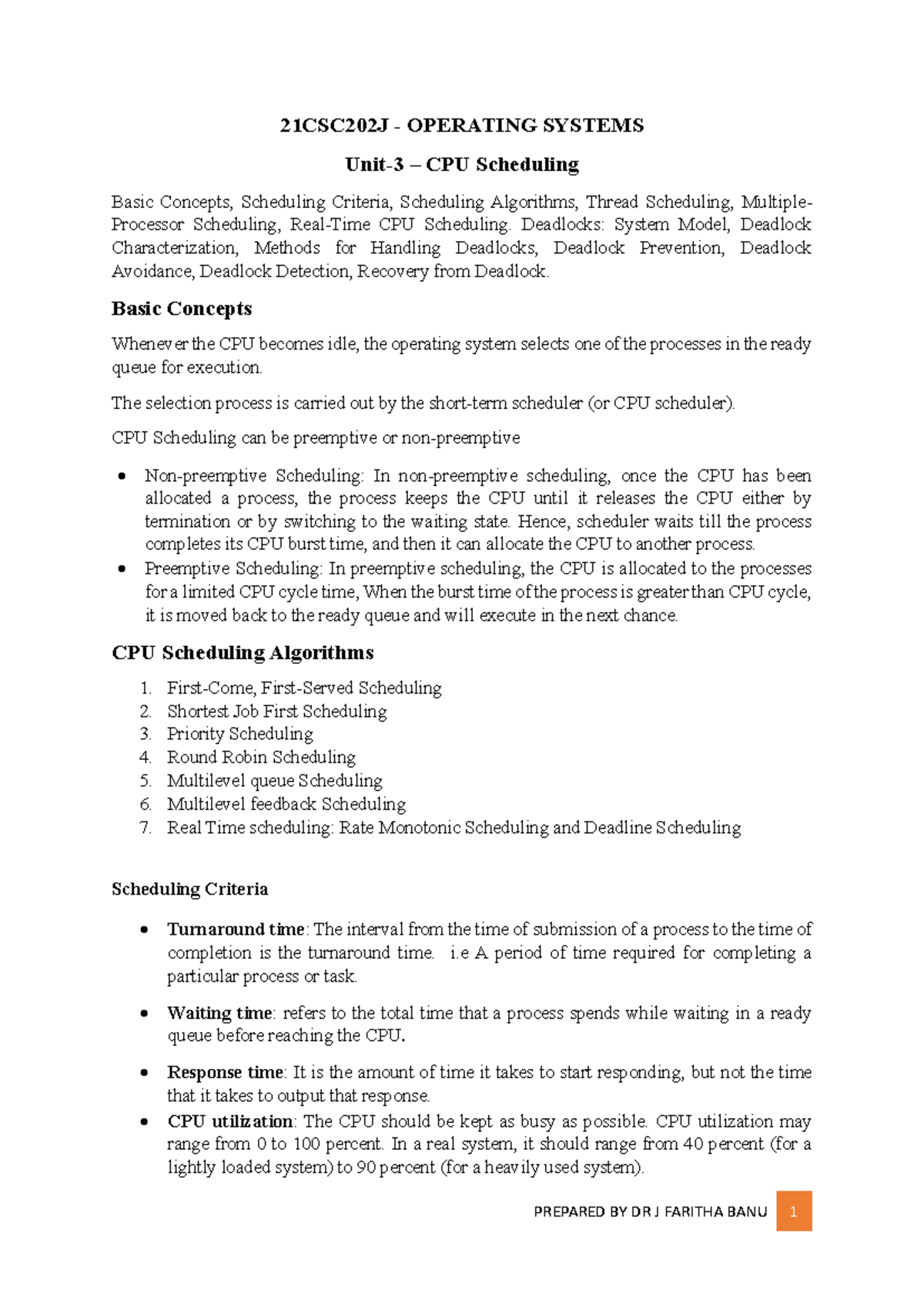 Unit 3 Notes - goood - 21CSC202J - OPERATING SYSTEMS Unit- 3 – CPU ...