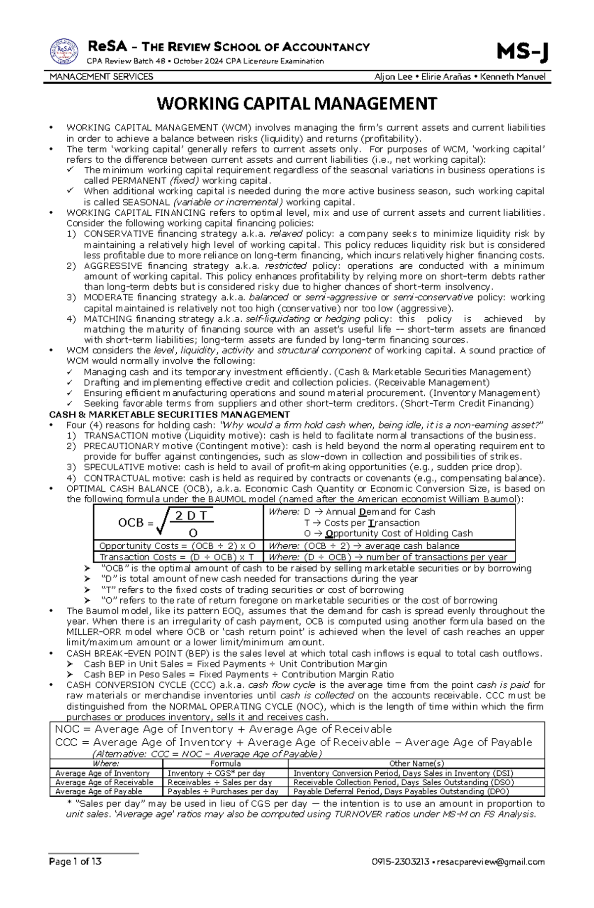 MS-J (Working Capital Management) - ReSA - THE REVIEW SCHOOL OF ...