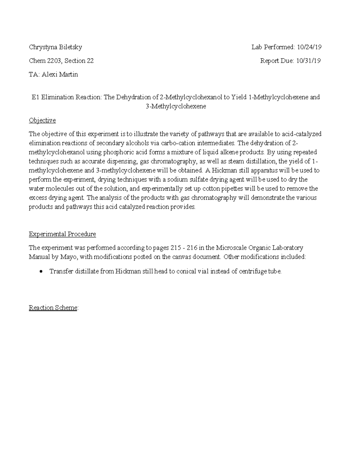 Lab Report 8- E1 Elimination - Chrystyna Biletsky Lab Performed: 10/24 ...