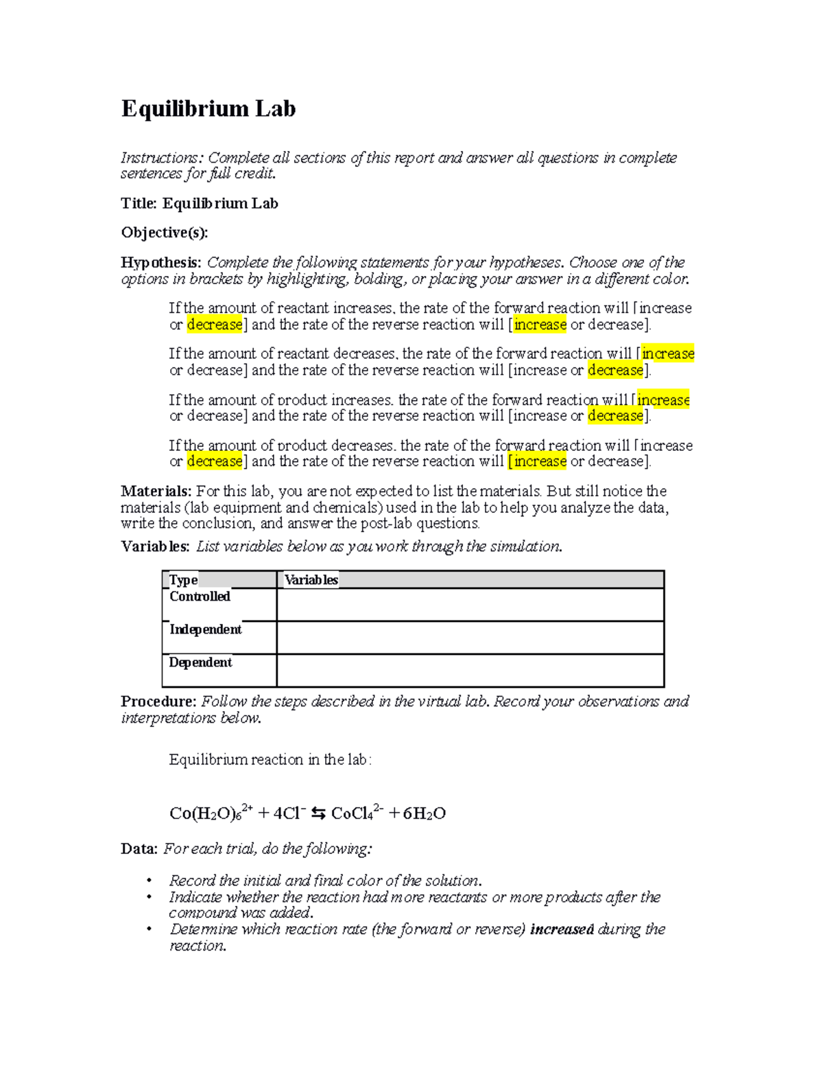 07 - goood - Equilibrium Lab Instructions: Complete all sections of ...