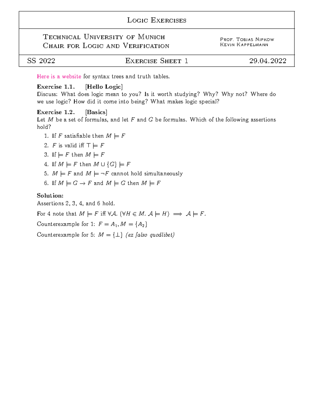 Exercise 1- solution - SS22 - Technical University of Munich Chair for Logic and Verification ...