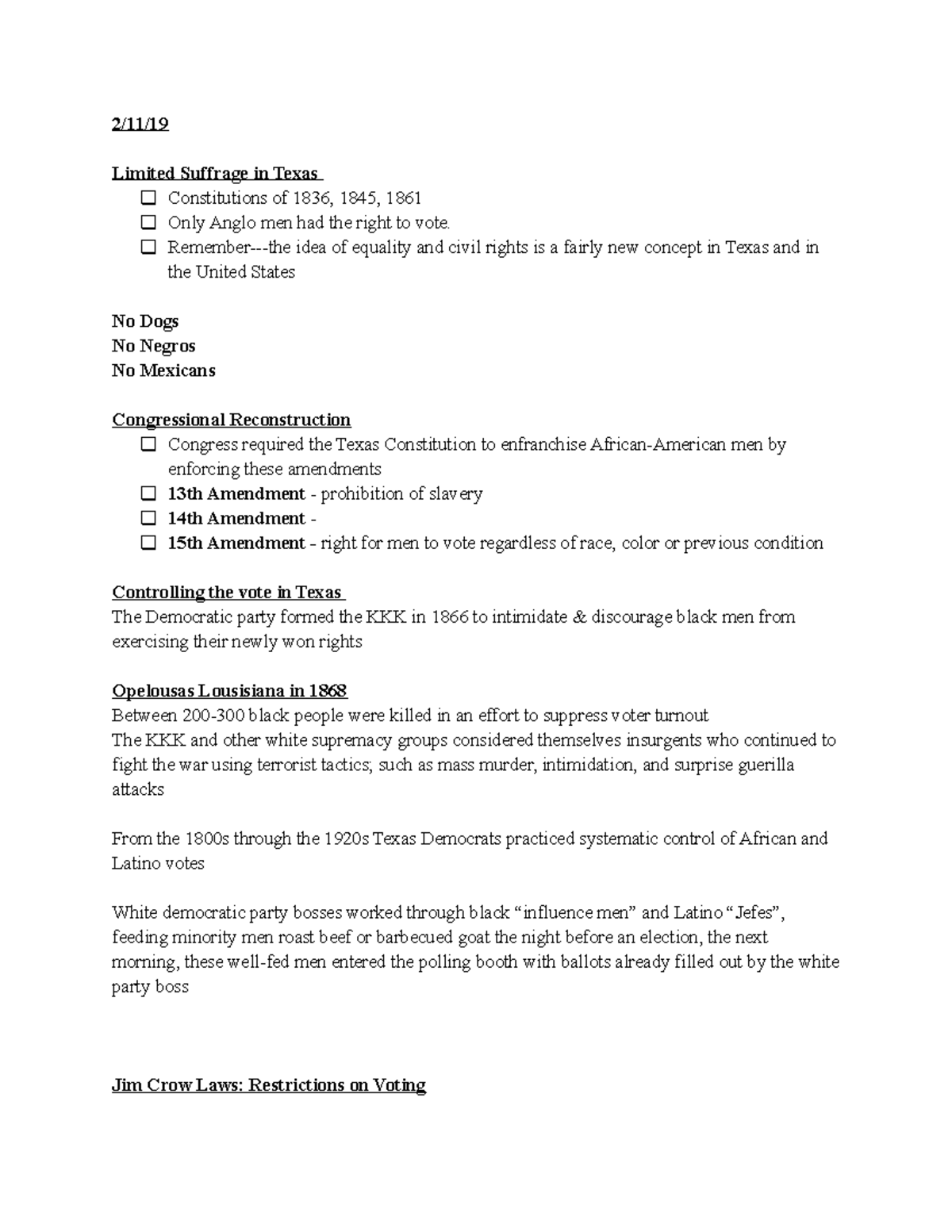 Texas Gov t - Notes taken in professor Brown's class - 2/11/ Limited ...