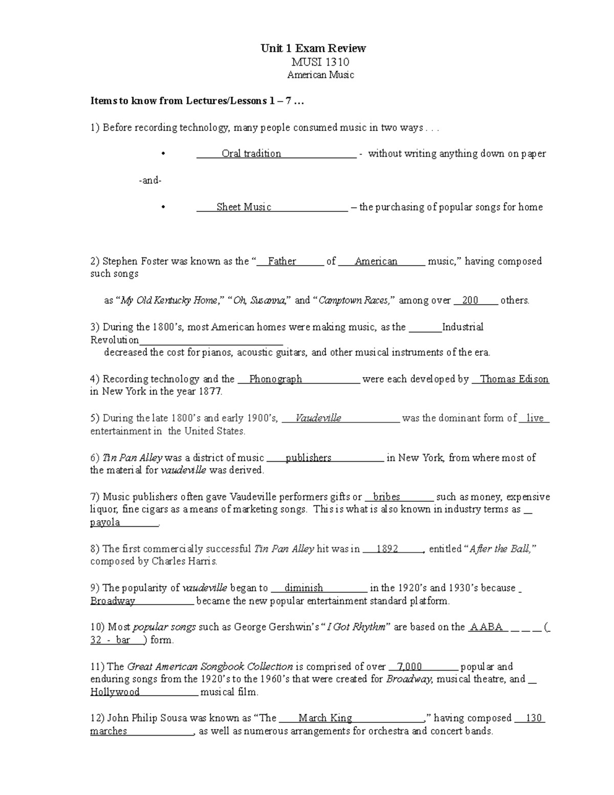 Unit 1 Review Notes - Patrick Brink - Unit 1 Exam Review MUSI 1310 ...