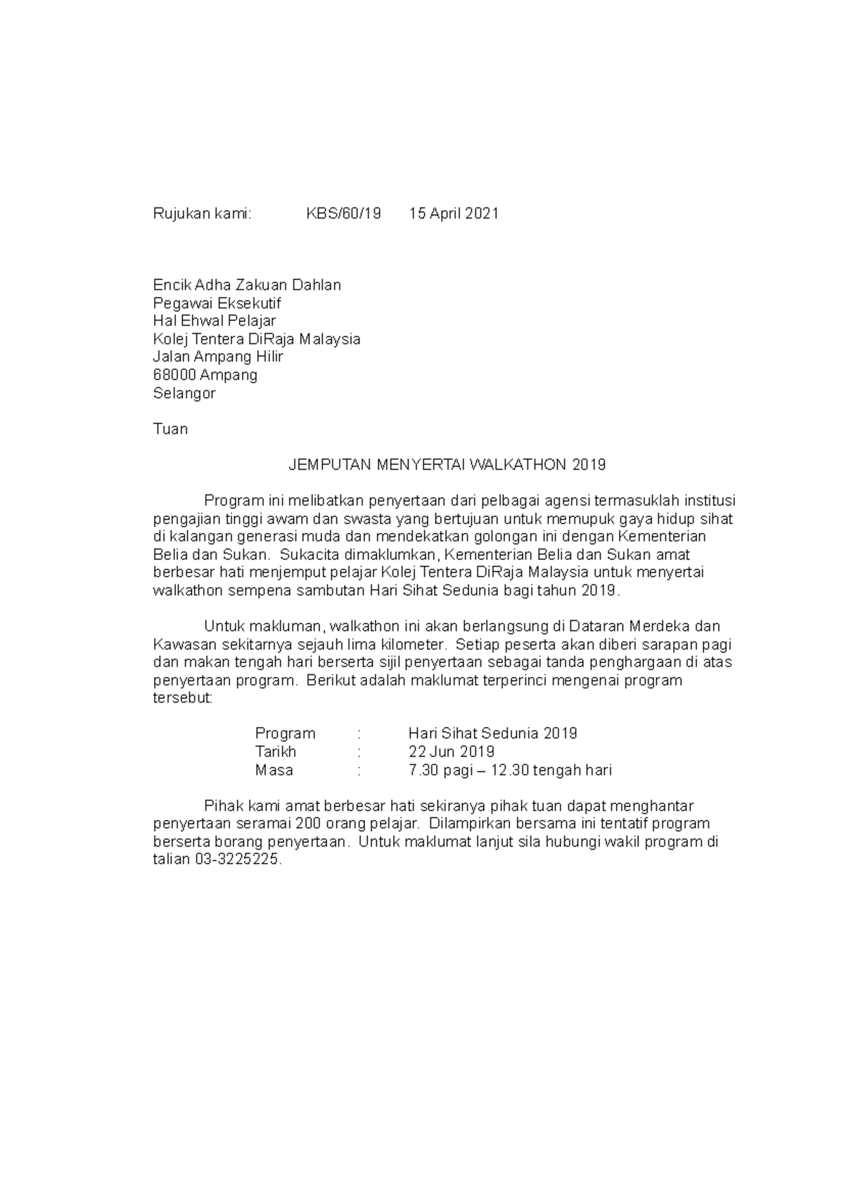 4TH Exercise - letter job - Rujukan kami: KBS/60/19 15 April 2021 Encik Adha Zakuan Dahlan ...