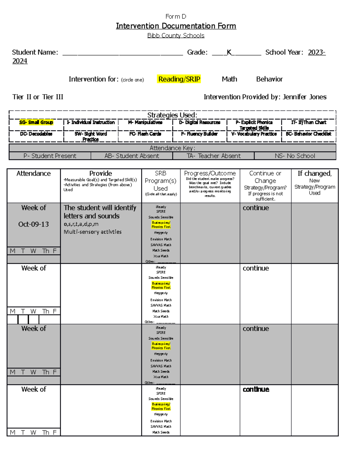 Intervention Documentation - Continue or Change Strategy/Program? If ...