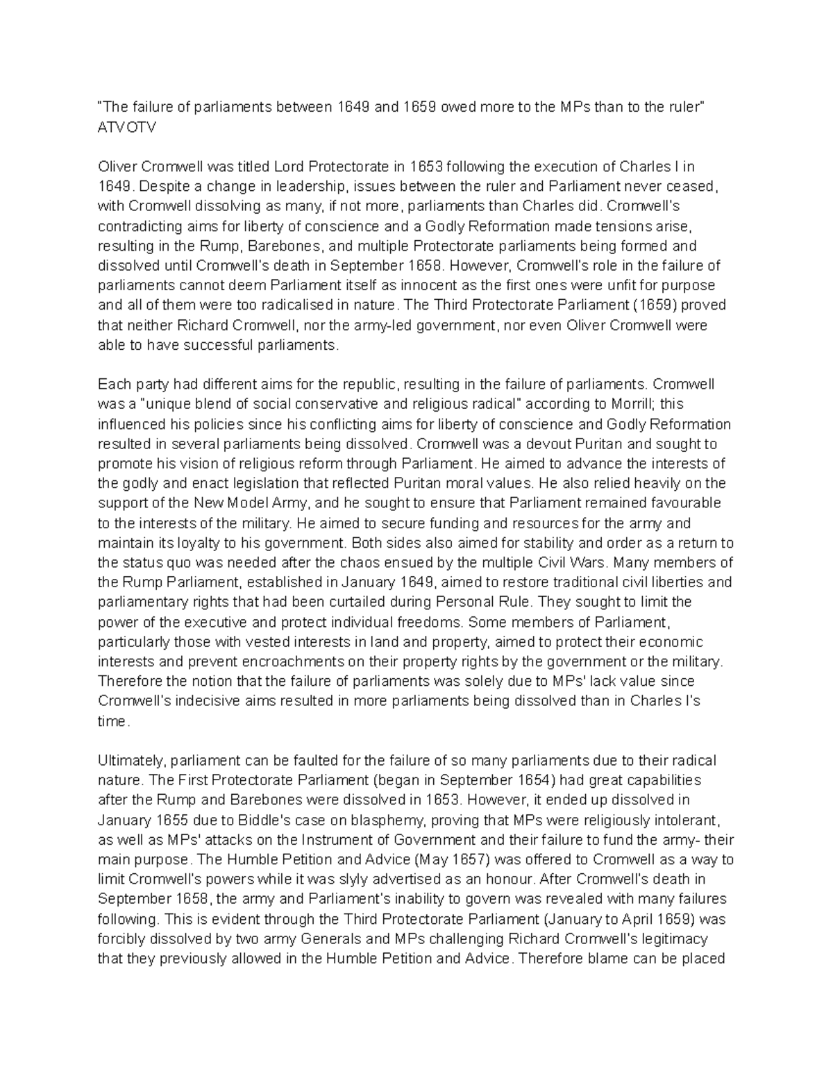 MP essay - AQA A level History- component 1D Stuart Britain - “The ...