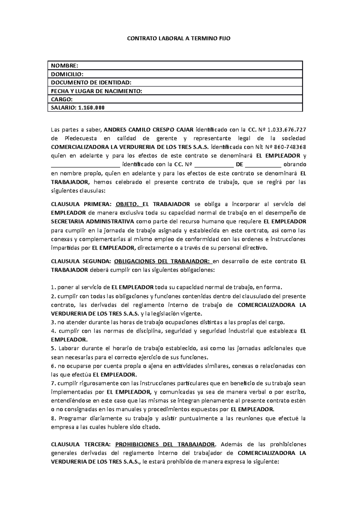 Contrato Laboral Dayron Suarez - CONTRATO LABORAL A TERMINO FIJO NOMBRE ...
