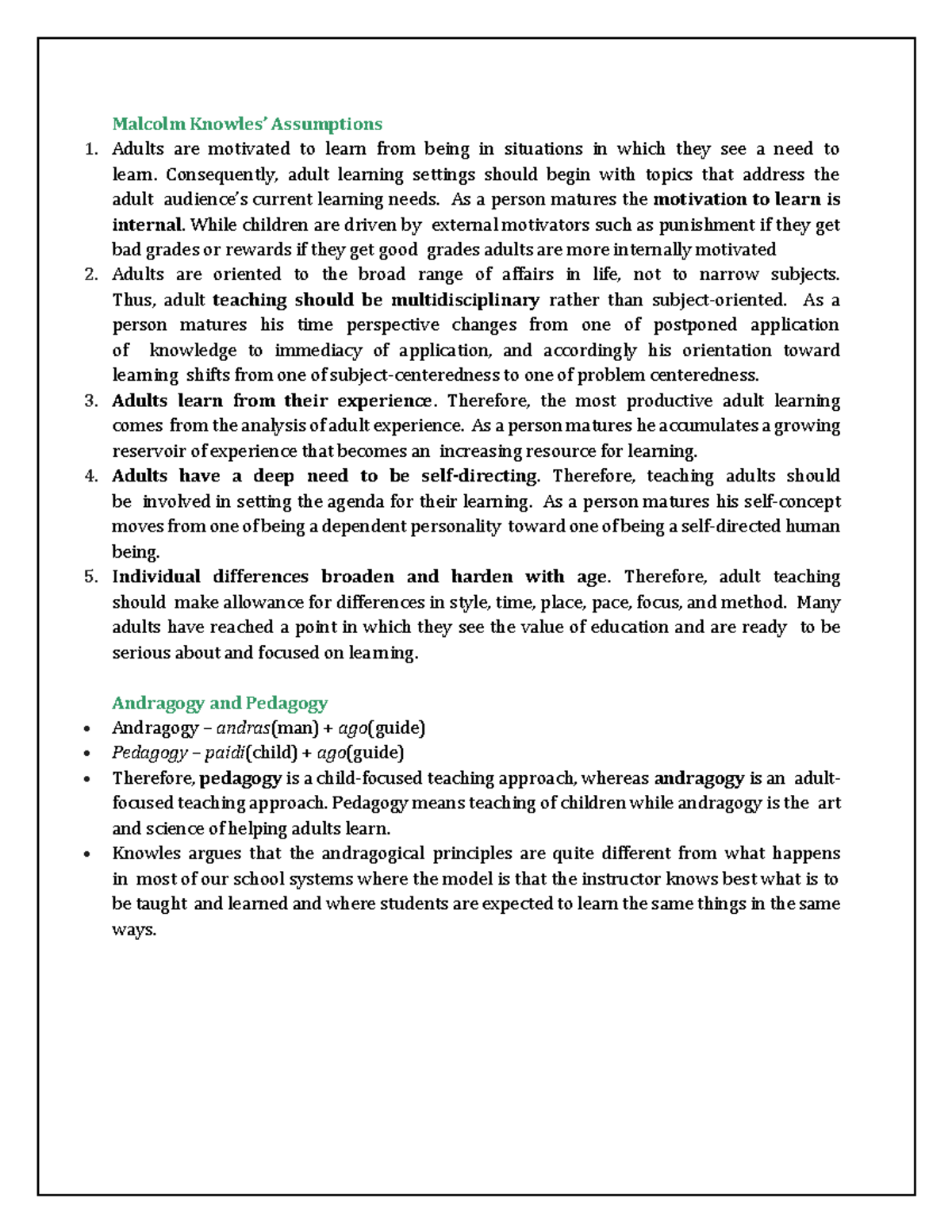 Finals Notes PRINCIPLES STRATEGIES OF TEACHING - Malcolm Knowles ...