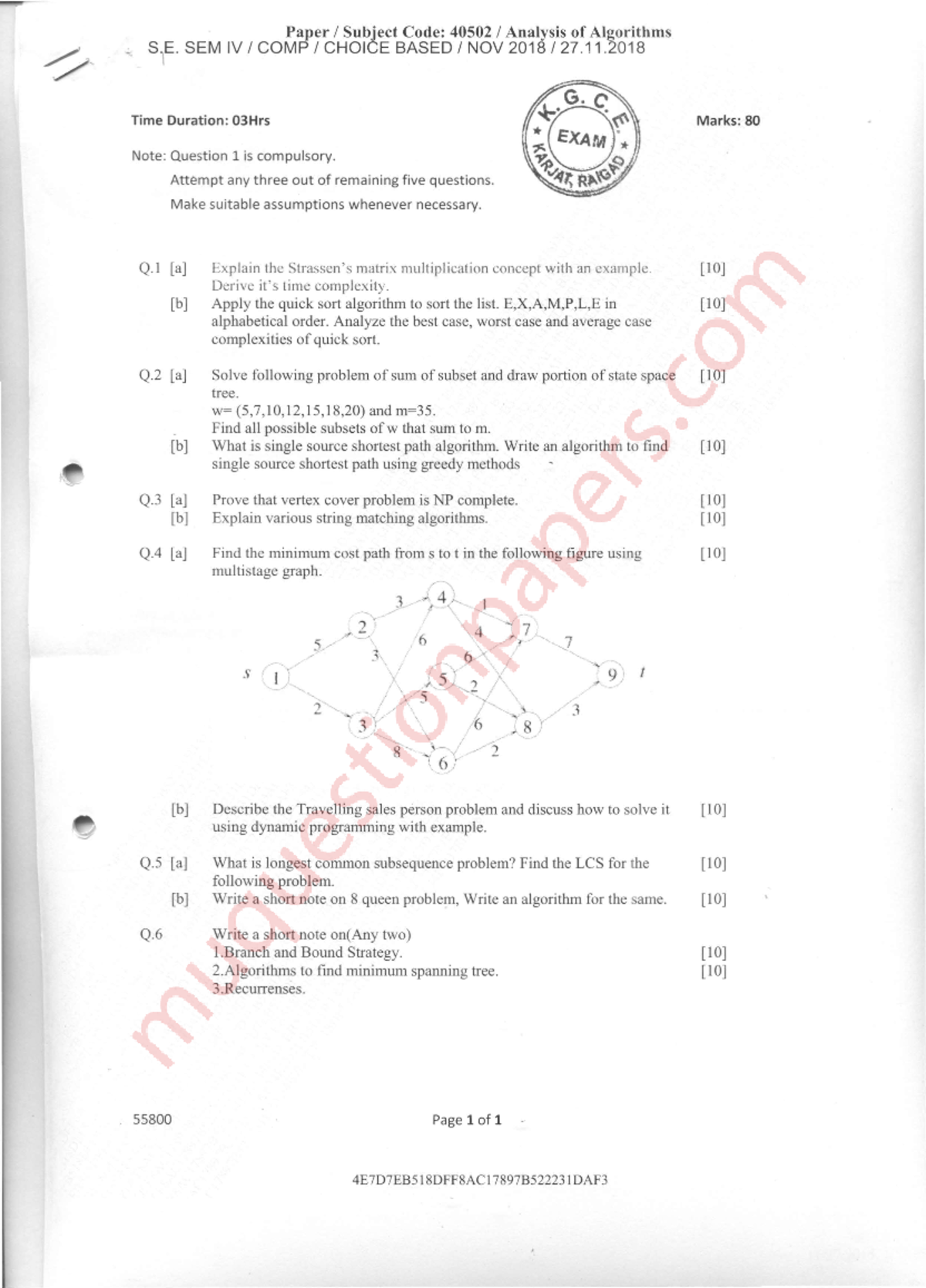 Se Comps Sem4 Aoa Cbcgs Dec18 Paper Subject Code 40502 Analysis Of Algorithms S Sem Iv Comp
