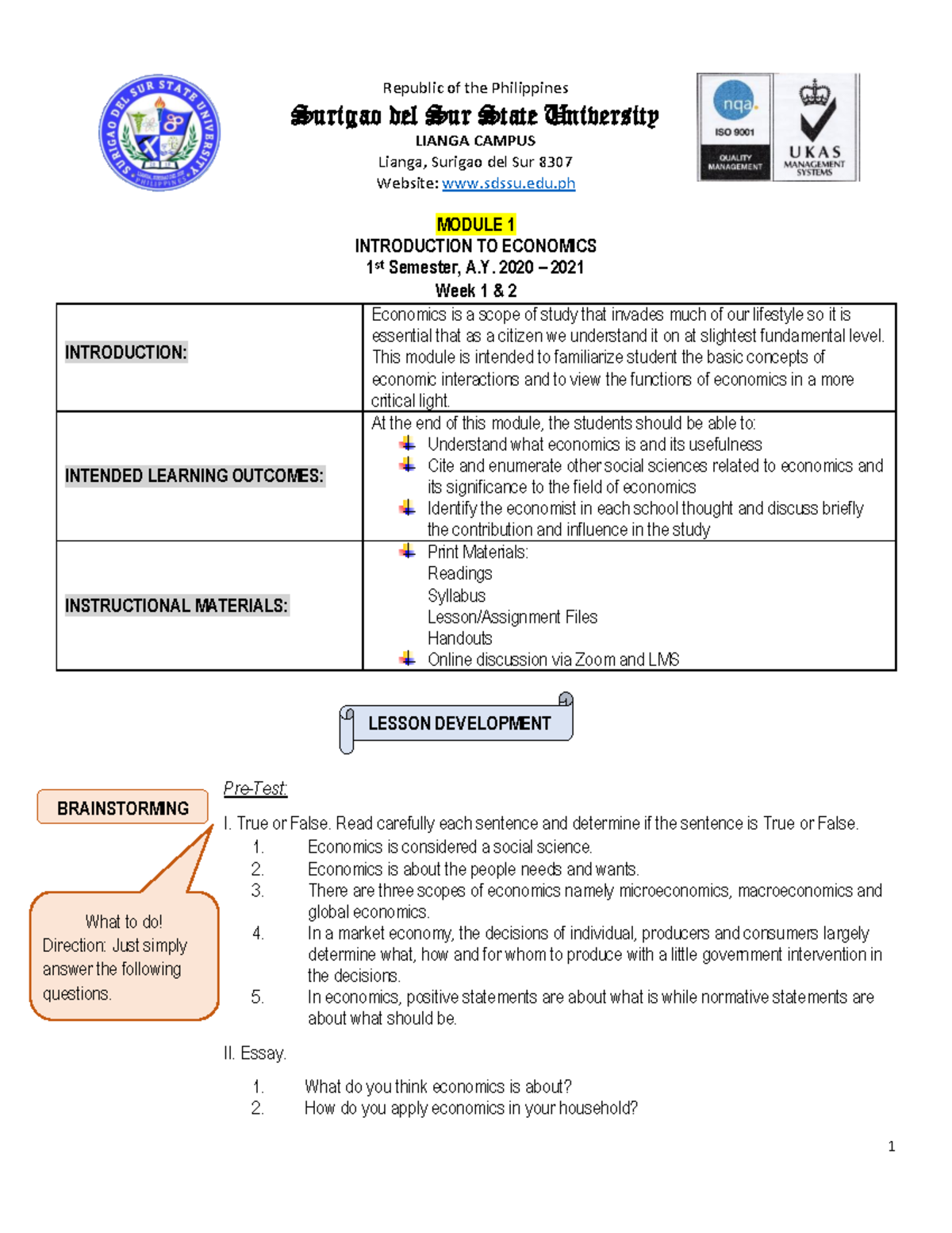 Principles OF Economics- Course- Module - Surigao del Sur State ...