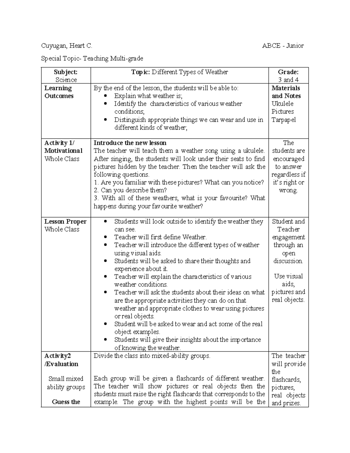 Cuyugan Science Multigrade Lesson Plan for Grades 3 4 Weather - Cuyugan ...