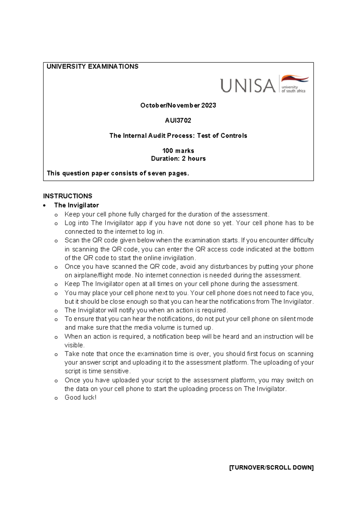 AUI3702 EXAM Oct 2023 - UNIVERSITY EXAMINATIONS October/November 2023 ...