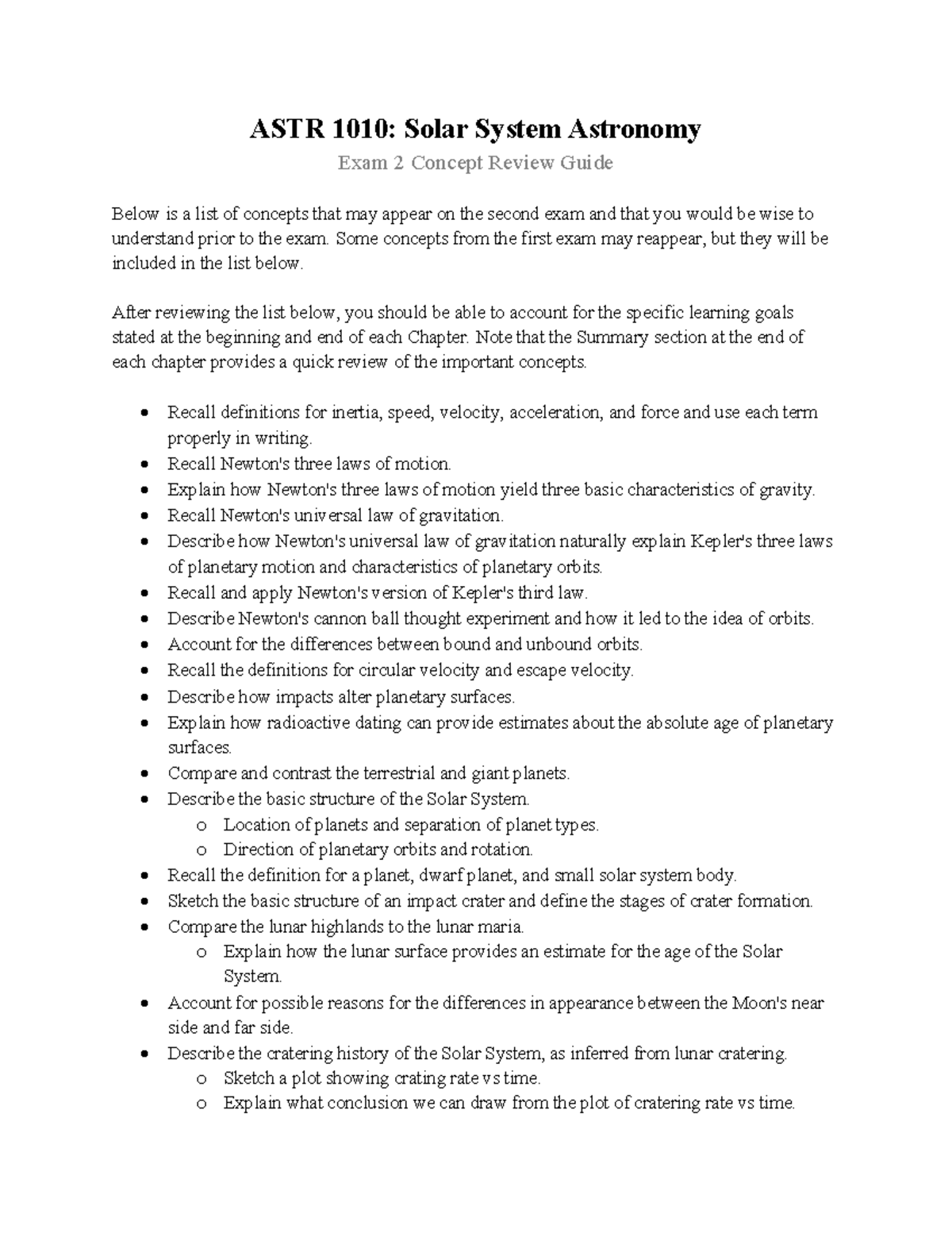 Astro 1010 Exam 2 Concept Review Guide - ASTR 1010: Solar System Astronomy Exam 2 Concept Review ...