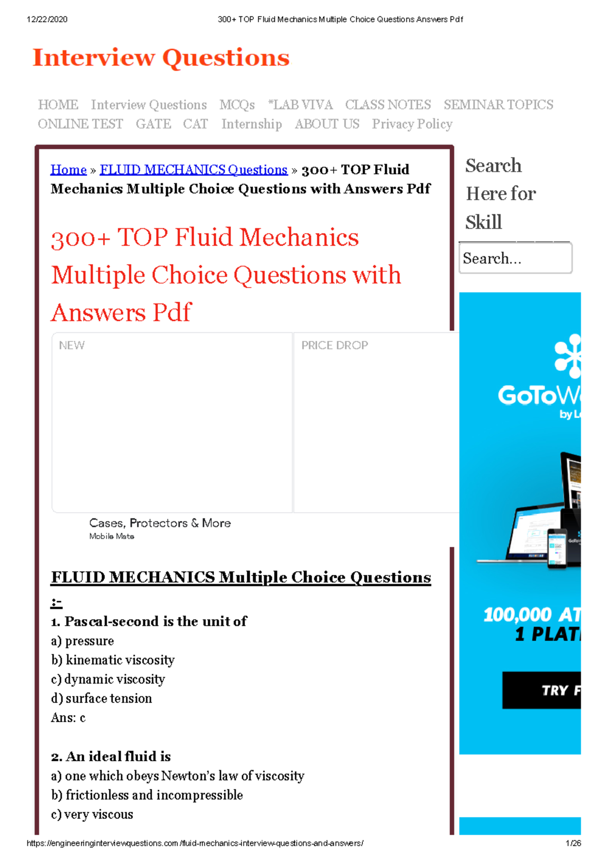 Fluid Mechanics - Ghjk - Home » FLUID MECHANICS Questions » 300+ TOP Fluid Mechanics Multiple ...