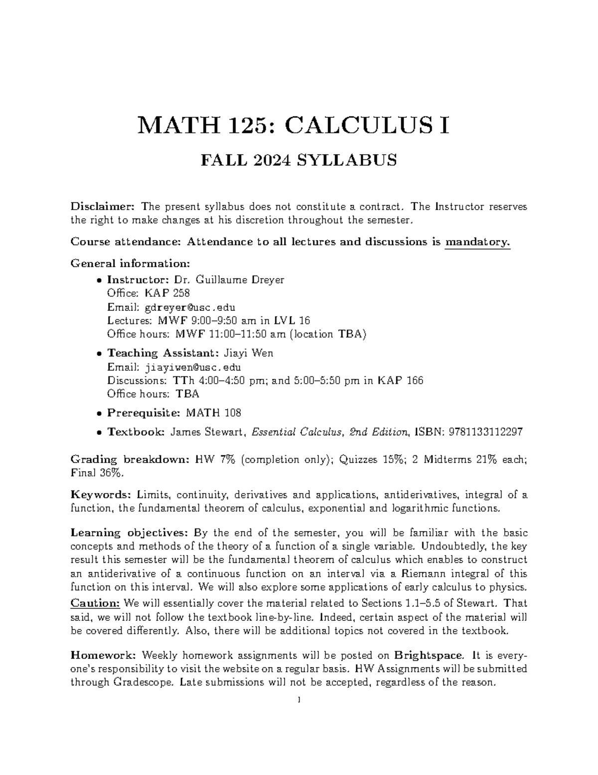 Syllabus math125 F2024 - MATH 125: CALCULUS I FALL 2024 SYLLABUS Disclaimer: The present ...