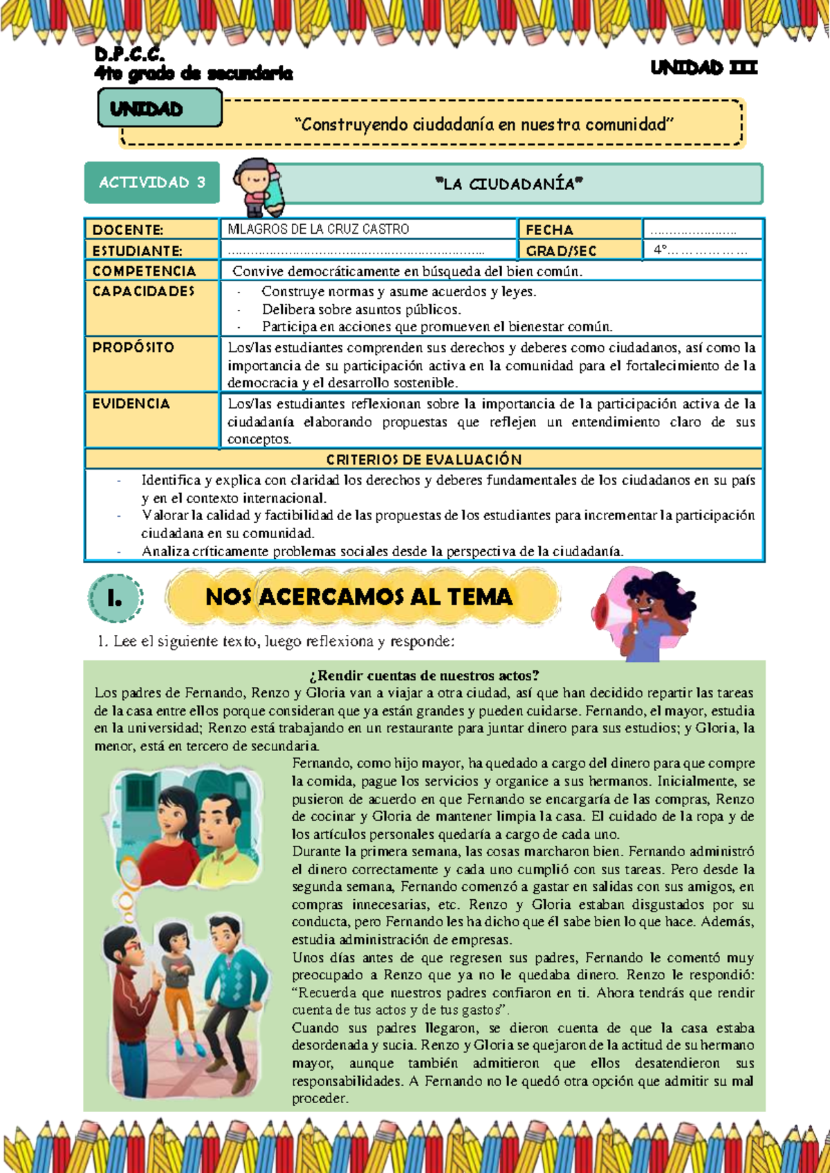 4° DPCC ACTV 1 SEM 3 UNI 03 2024 - 1. Lee el siguiente texto, luego reflexiona y responde ...