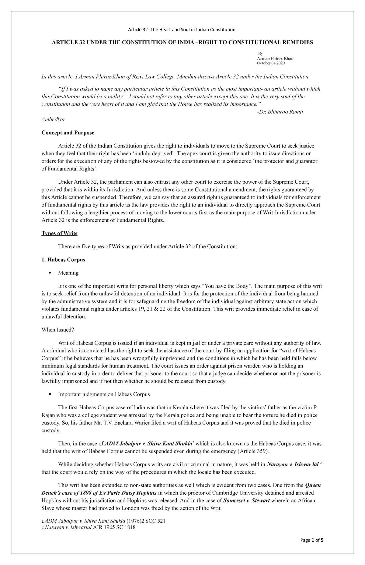 Article 32 under the Constitution of India - ARTICLE 32 UNDER THE ...