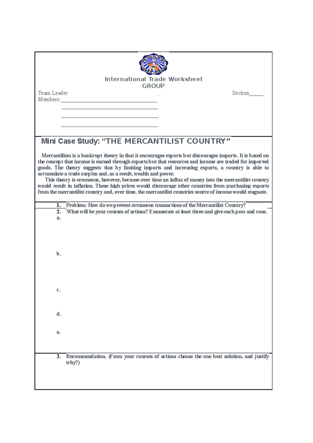 International Trade Activity Sheet 1 - Group - International Trade ...
