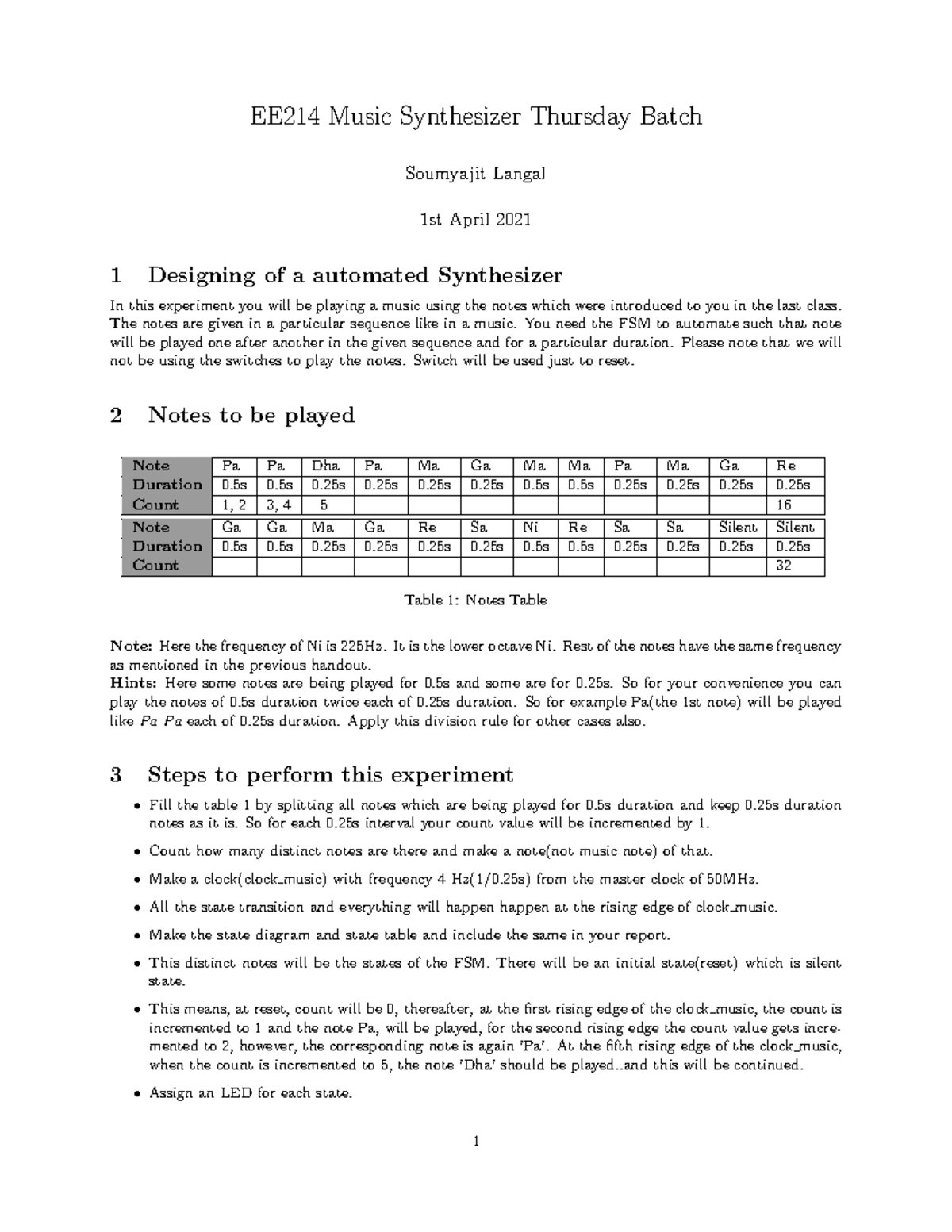 EE214 Experiment 4 - EE214 Music Synthesizer Thursday Batch Soumyajit Langal 1st April 2021 1 ...