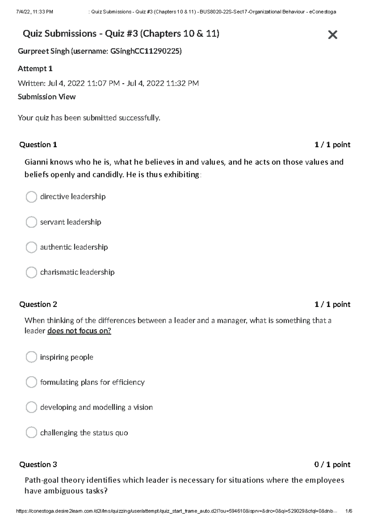 Quizzes - BUS8020-22S-Sec17-Organizational Behaviour - e Conestoga - Quiz Submissions - Quiz #3 ...