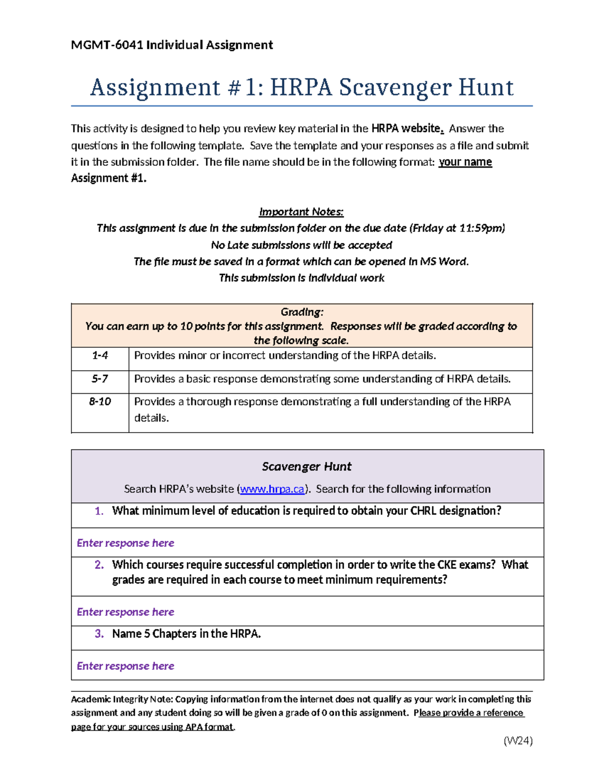 Individual Assignment #1 - MGMT-6041 Individual Assignment Assignment #1: HRPA Scavenger Hunt ...