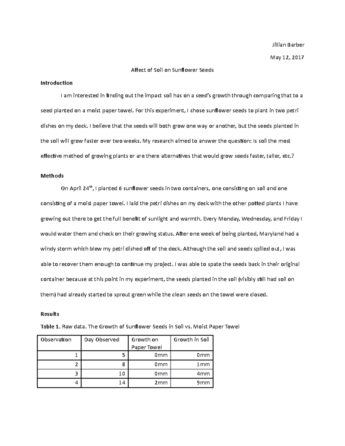 Bio Lab Germination Project - Jillian Barber May 12, 2017 Affect of ...