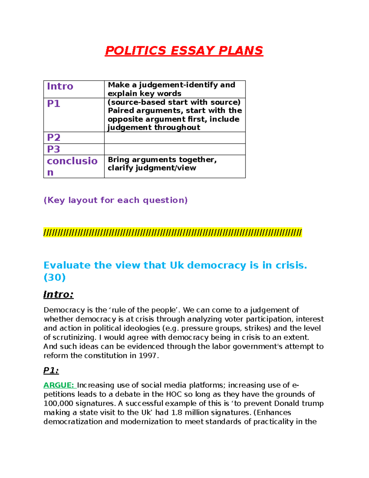 Politics Essay Plans - POLITICS ESSAY PLANS Intro Make a judgement-identify and explain key ...