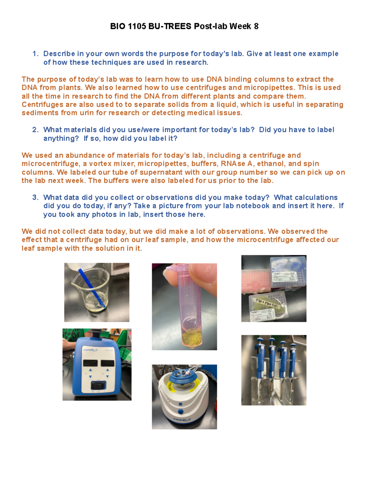 Post lab week 8 - Post lab for Biology lab; makes up the majority of ...