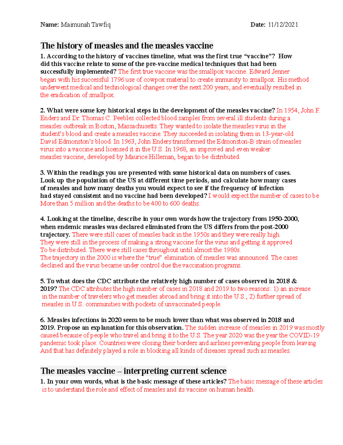 Measles Worksheet - Name: Maimunah Tawfiq Date: 11/12/ The history of ...
