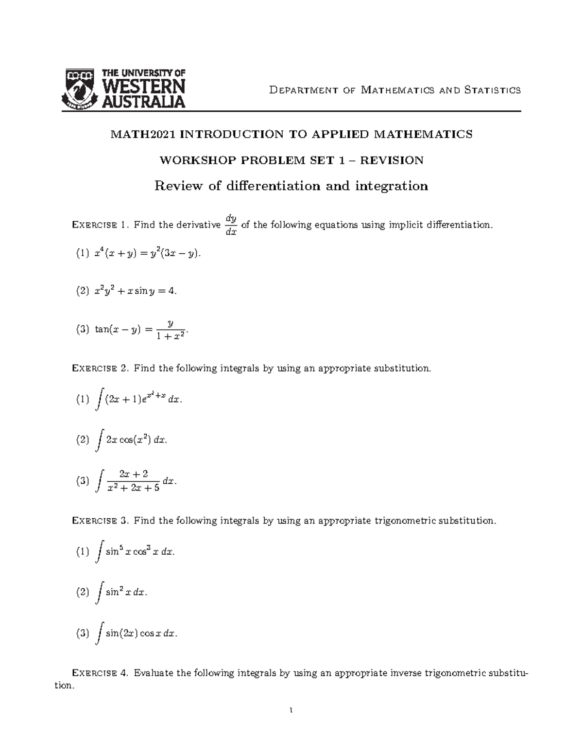 MATH2021 Workshop Revision W01 - Department of Mathematics and Statistics MATH2021 INTRODUCTION ...