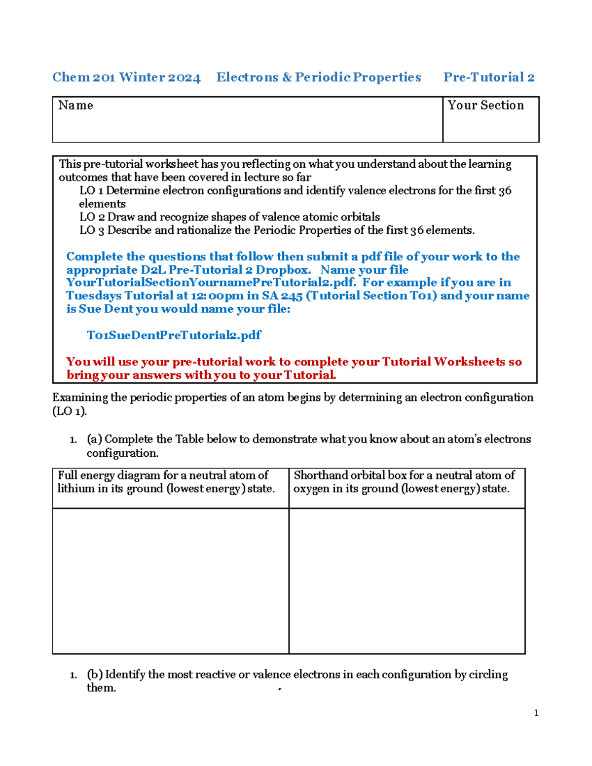 201w24 Pre-Tut 2 post - For tutorial 2 - Chem 201 Winter 2024 Electrons ...